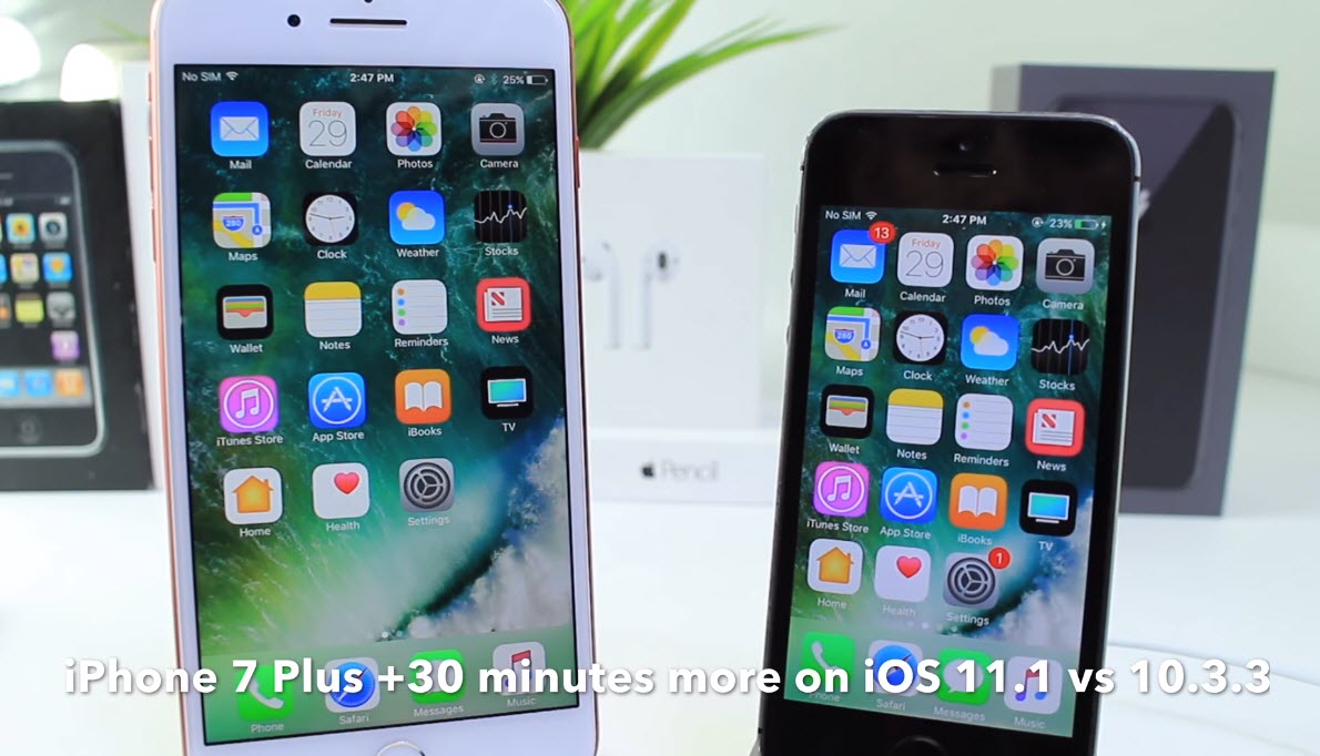 เปรียบเทียบแบตเตอรี่ iOS 11.1 Beta 1 กับ iOS 10.3.3 ของ iPhone 7 Plus, iPhone 5s