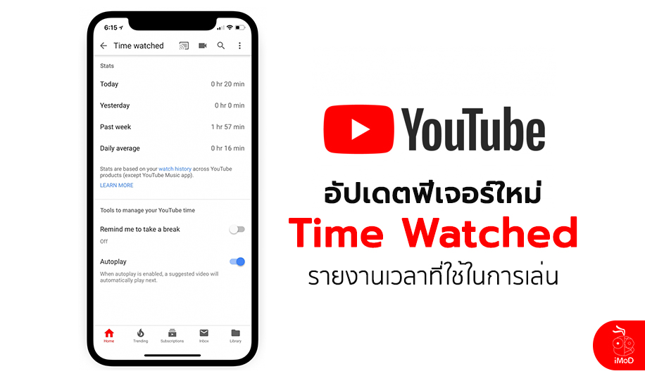 YouTube ปล่อยฟีเจอร์ใหม่ Time Watched เพื่อดูเวลาการใช้ให้เหมาะสม