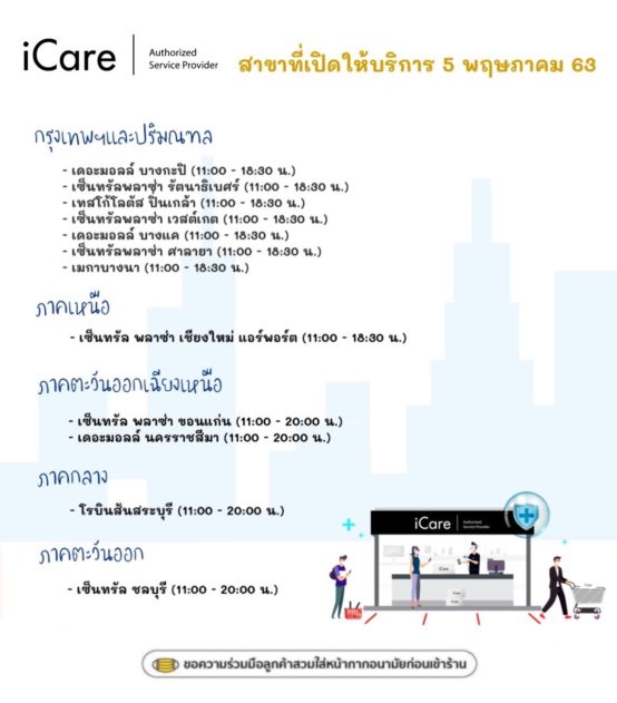 iCare สาขาที่สามารถเปิดให้บริการในวันที่ 5 พฤษภาคม 2563