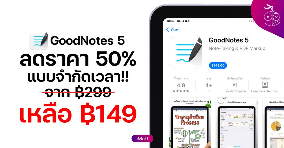 GoodNotes 5 ลดราคาแอป 50% จากเดิม 299 บาท เหลือ 149 บาท (เวลาจำกัด)
